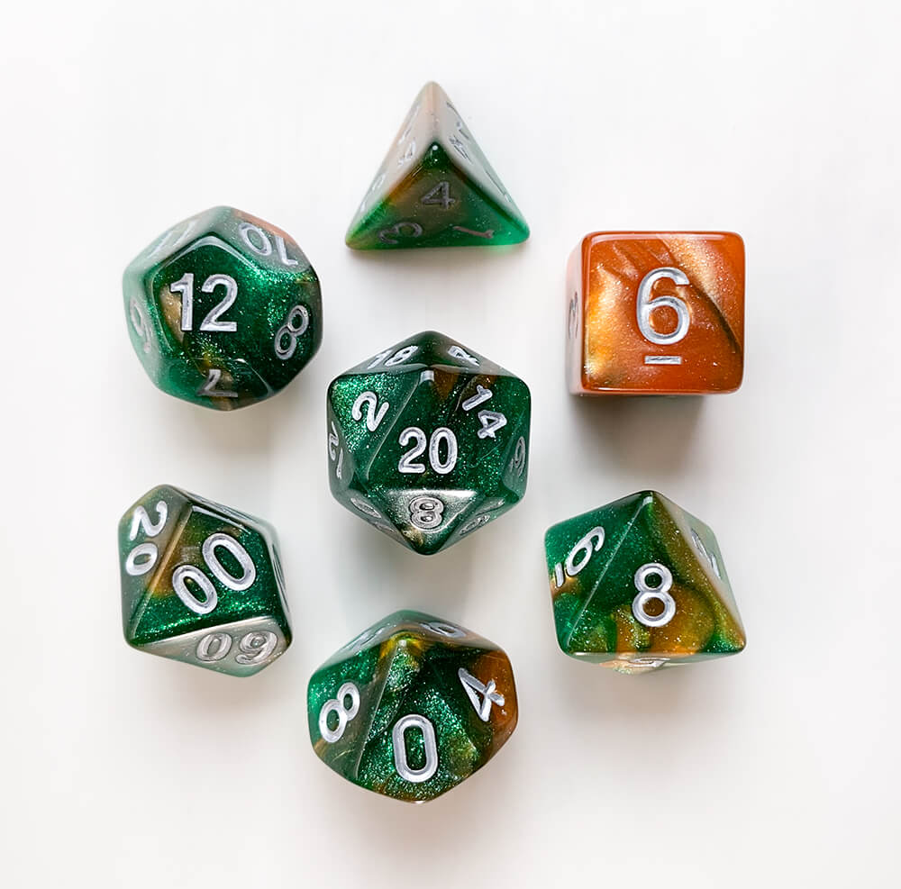 Dice 7-set Elemental (16mm) Emerald Vale / Silver — Twenty Sided™