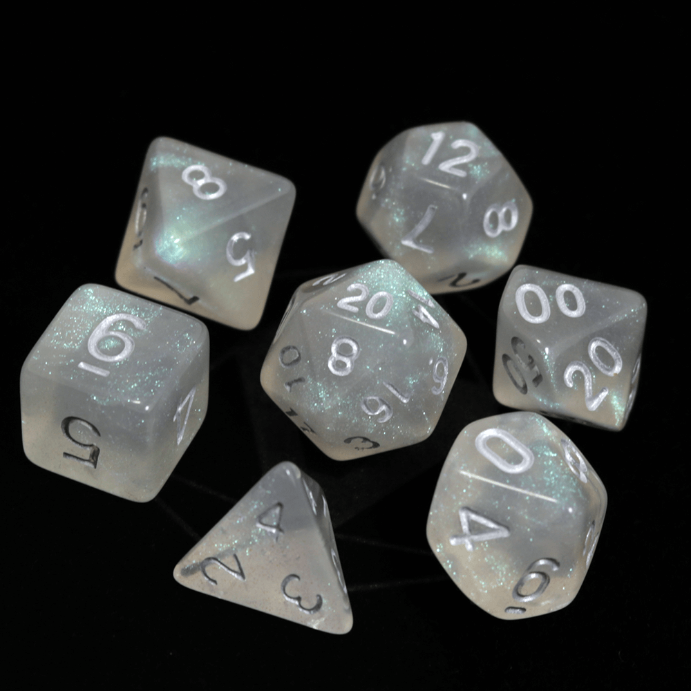 Dice 7-Set Moonstone (16mm) Glacial w/ Silver — Twenty Sided™