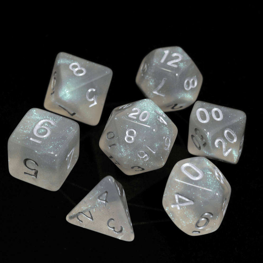 Dice 7-Set Moonstone (16mm) Glacial w/ Silver — Twenty Sided Store®